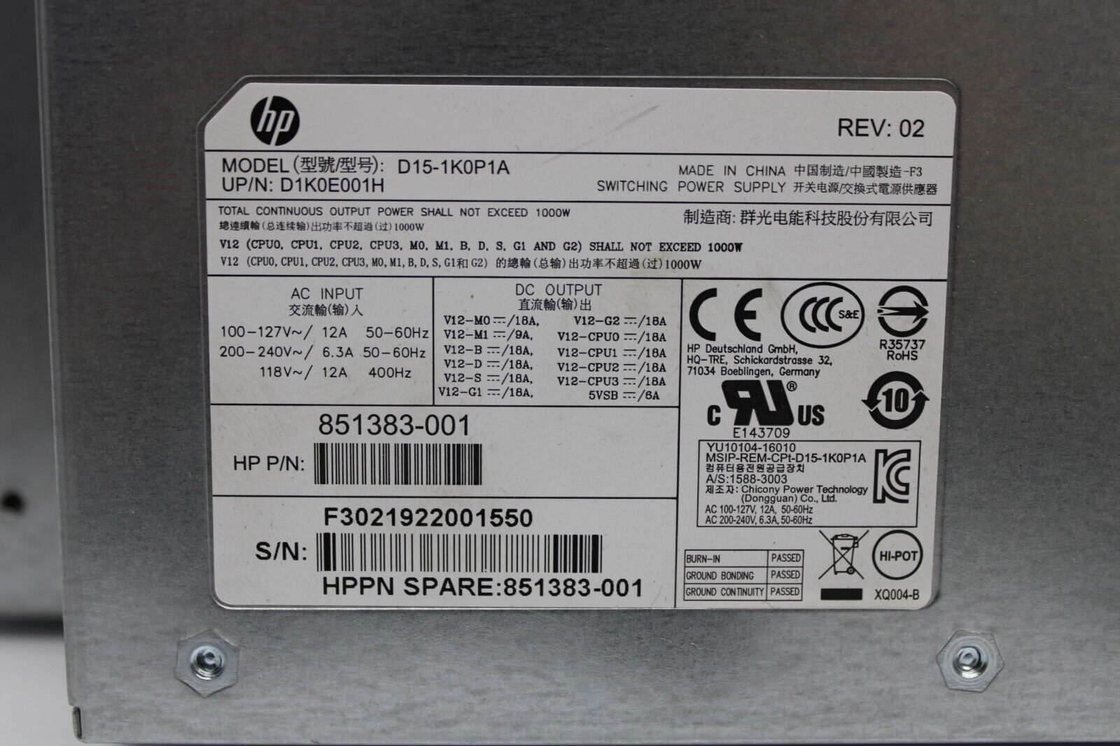 Fuente de poder HP D15-1K0P1A 1000w Z4 Z6 WorkStation 851383-001 ...
